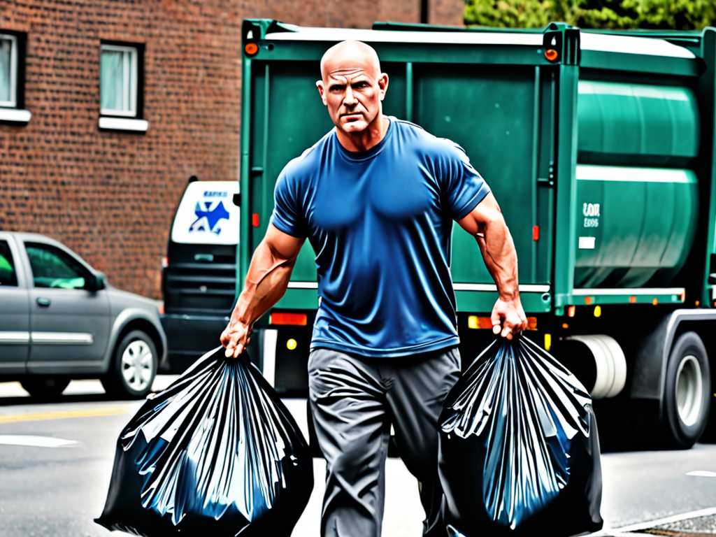 realistic handsome bald older muscular garbagemen from behind carrying ...