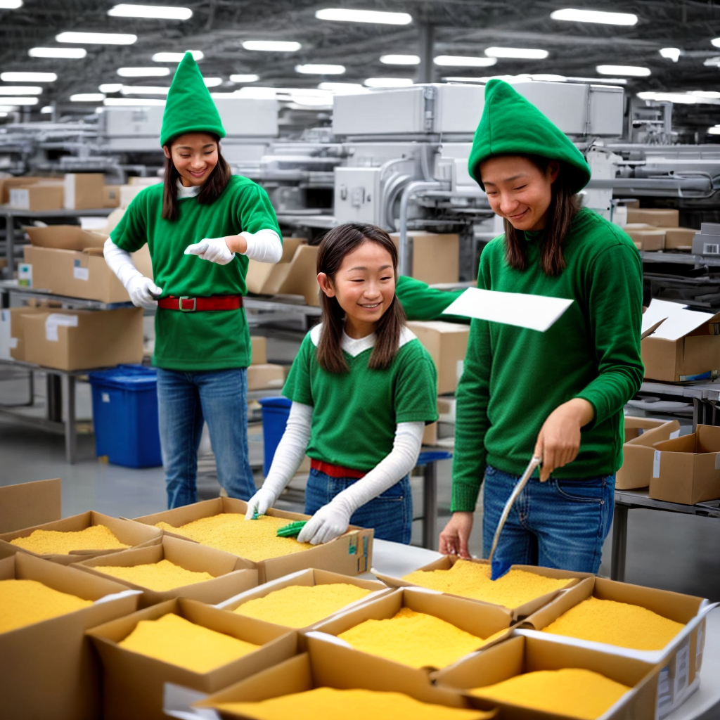 elves in a toy packaging factory in lapland