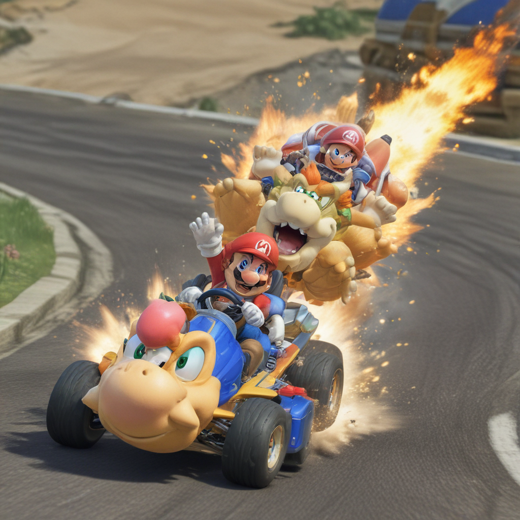 Mario kart, bowser, peach and Yoshi escaping an exploding flying blue ...