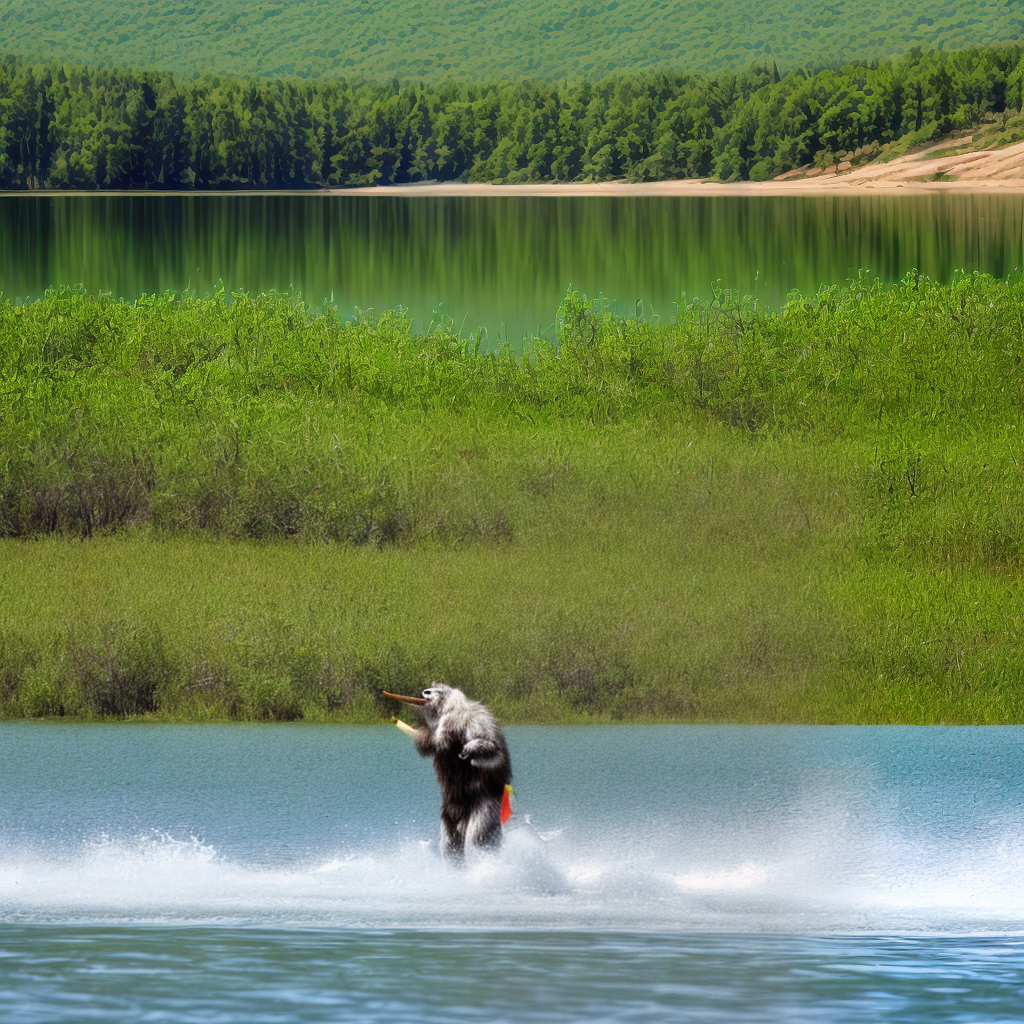 Yeti smoking a cigar reeling in a fish at a lake