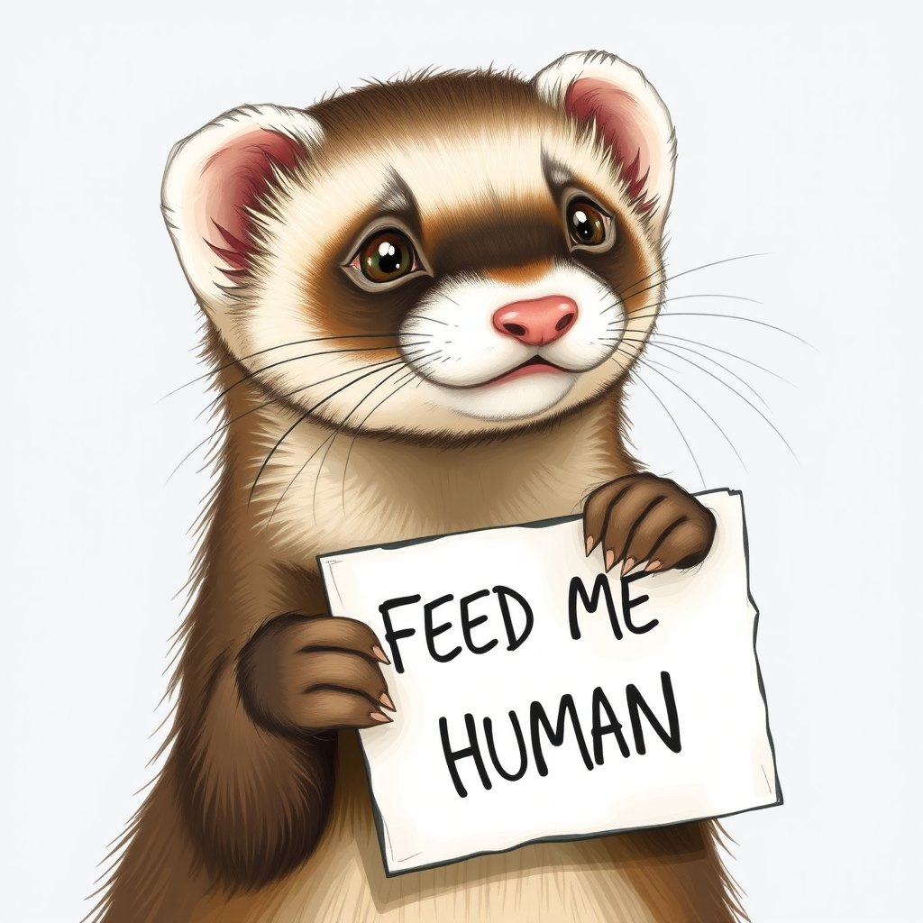 Adorable Ferret Holding a Sign Asking for Food from Humans