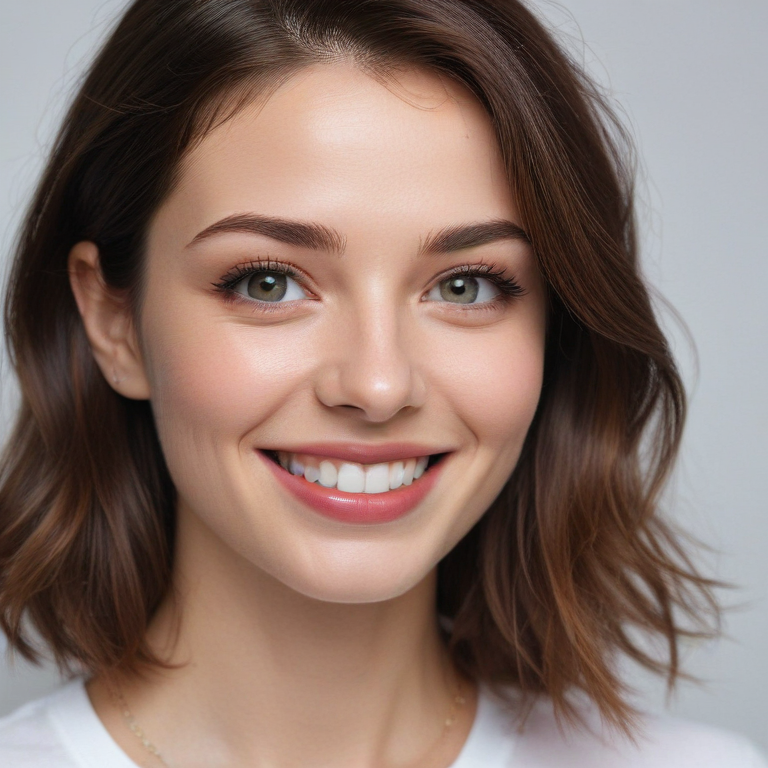 Radiant Young Woman with Bright Smile and Natural Makeup in Soft Lighting