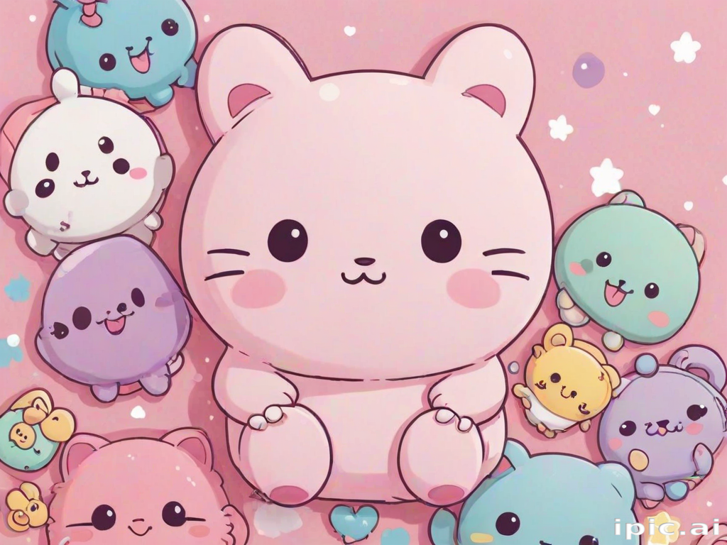 Adorable Cartoon Animals Gather Around a Cute Pink Cat Character