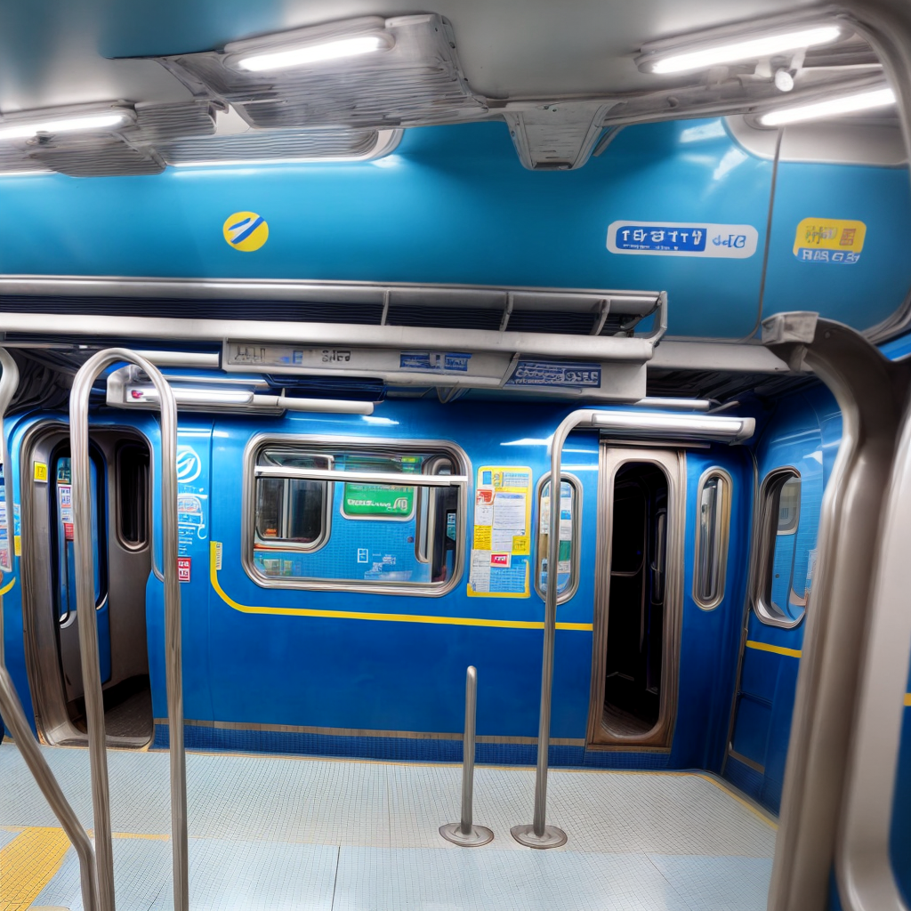 A blue subway train