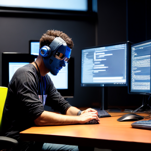 a cartoon cyber geek programmer coding on a high-tech work desk, dark ...