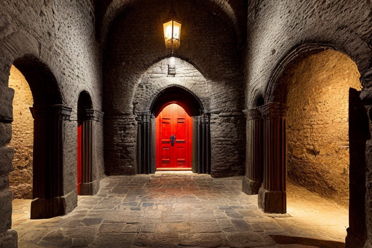 Ancient Medieval Dungeon with flaming torches, four golden doors with ...