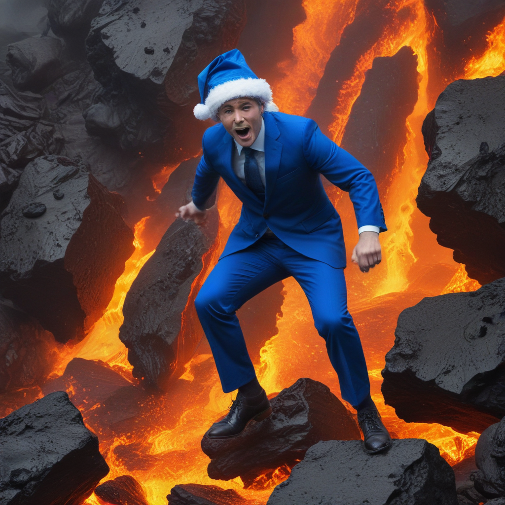 man in blue suit and blue santa hat falling into lava