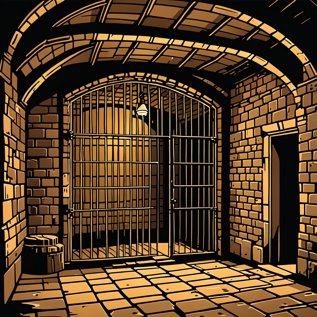 prison cell in the basement of a medieval castle. Night. Flat colors.