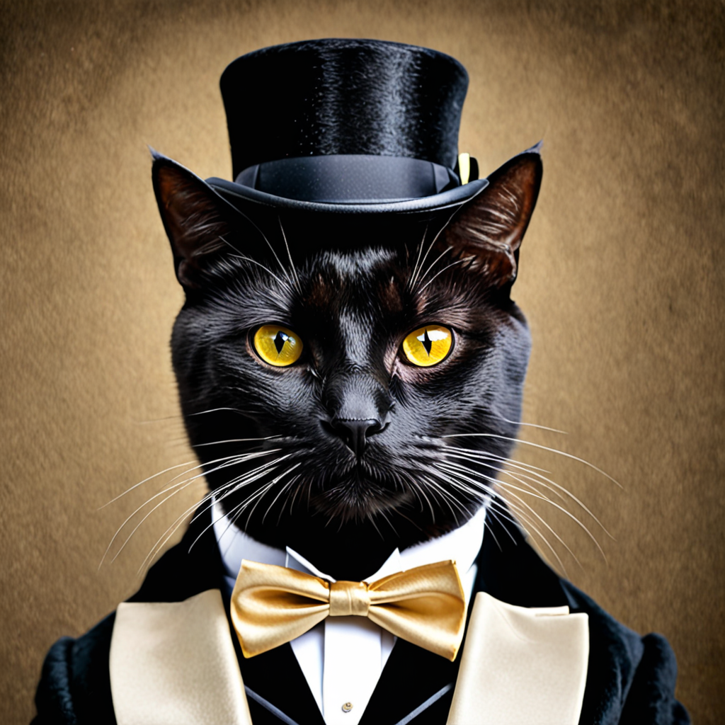 Nelson the black cat with yellow eyes in a tuxedo and top hat