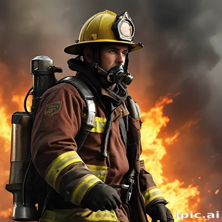 Brave Firefighter in Protective Gear Facing Intense Flames and Smoke