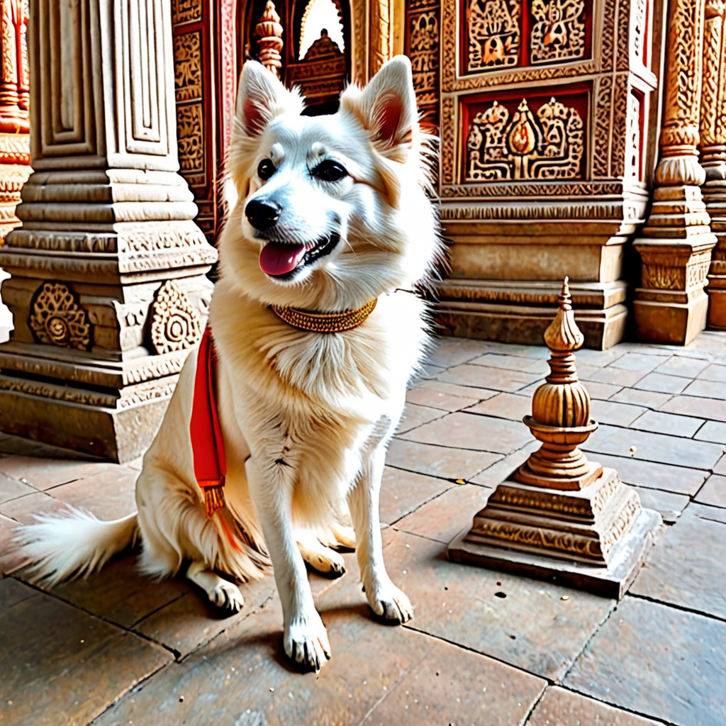White Indian Spitz dog in hindu temple praying to lord Shiva