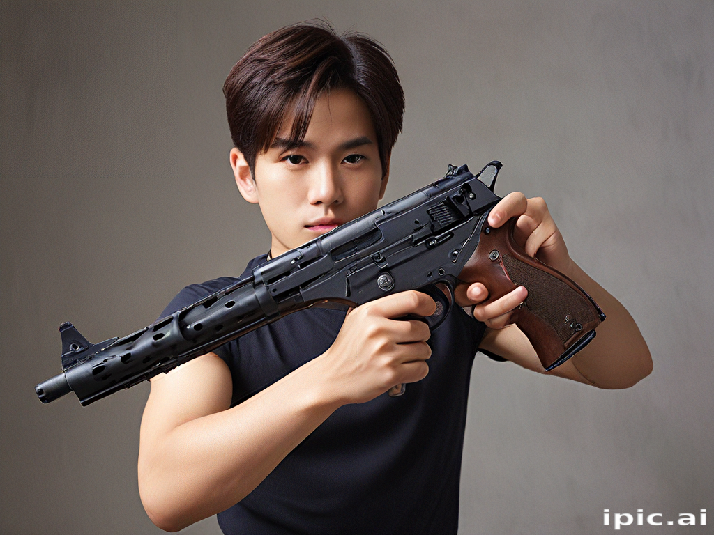 A Young Man Poses Confidently with a Stylish Submachine Gun in Hand.