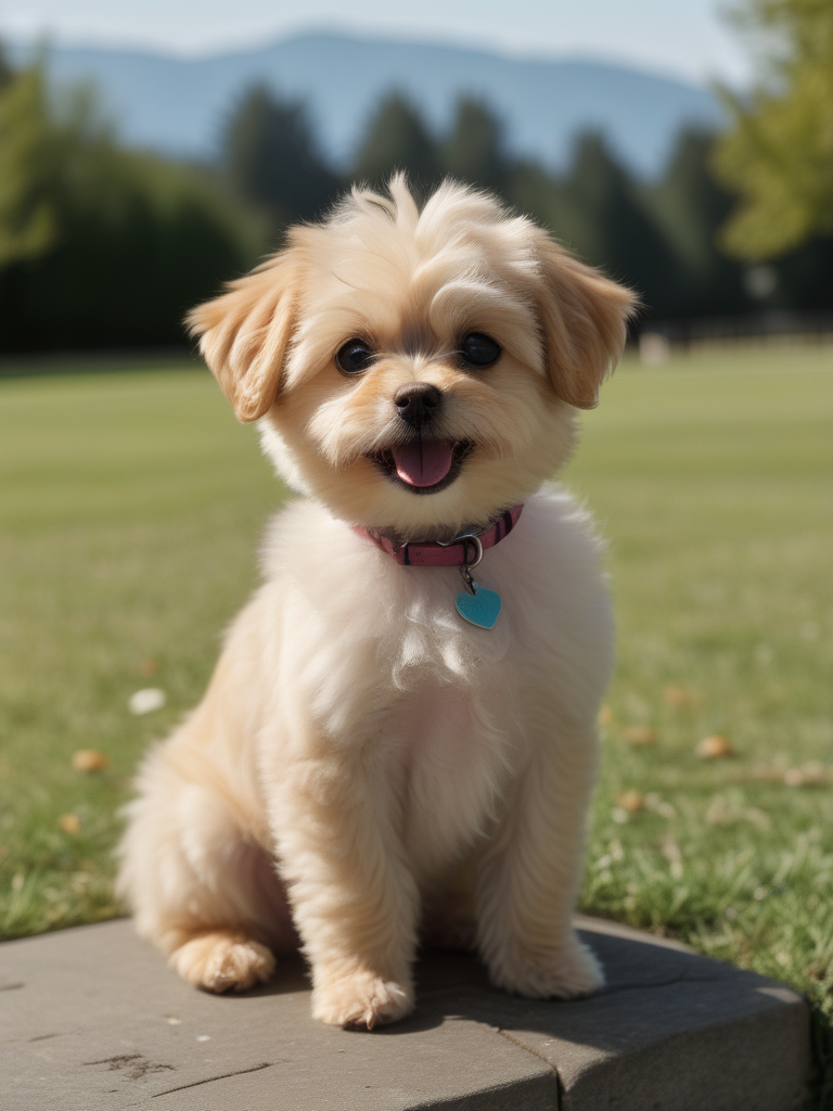 Adorable Small Dog Sitting Cheerfully in a Sunny Park Setting