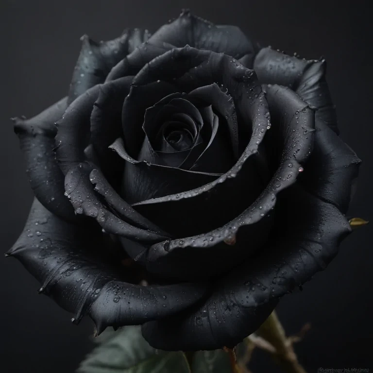 Elegant Black Rose with Dew Drops Against a Dark Background