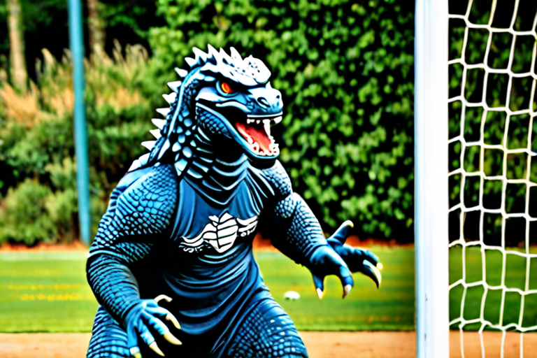 godzilla scoring a goal in soccer