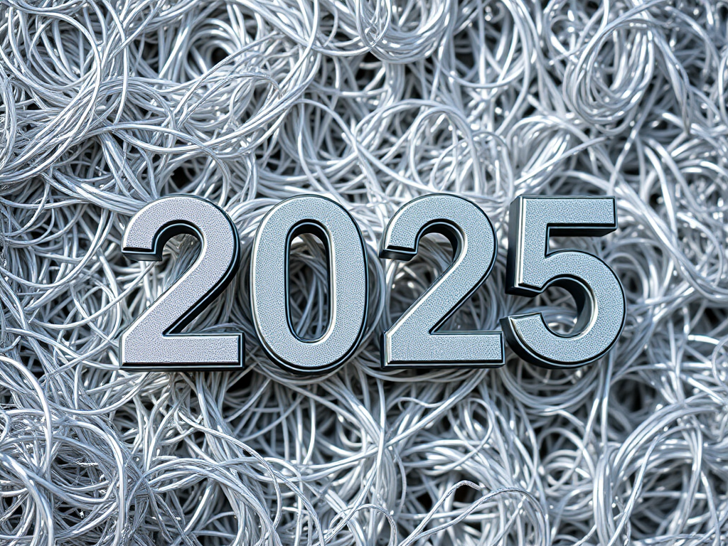 Shiny Metallic Numbers Representing the Year 2025 Amidst Twisted Silver ...