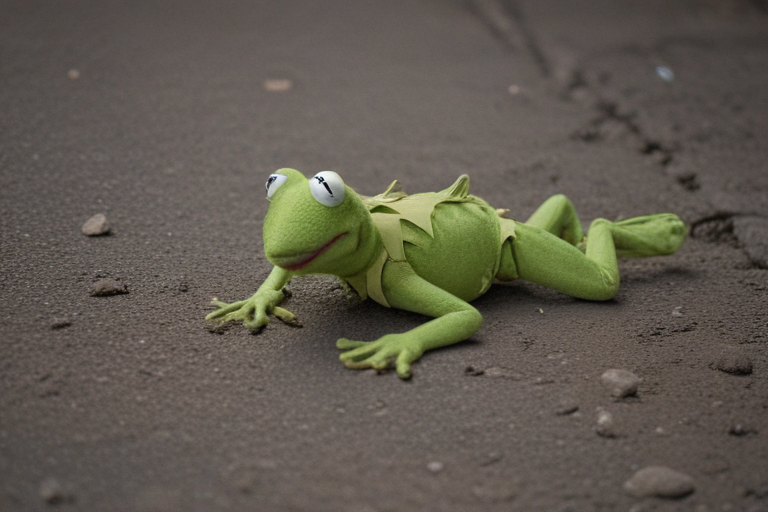 kermit the frog laying down on ground