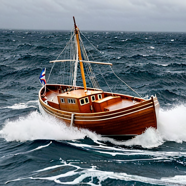 Box-shaped wooden boat sailing in stormy ocean