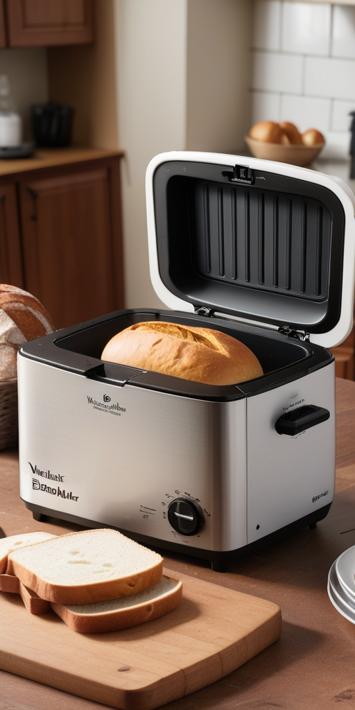 Modern Bread Machine on Kitchen Counter with Freshly Baked Loaf Inside