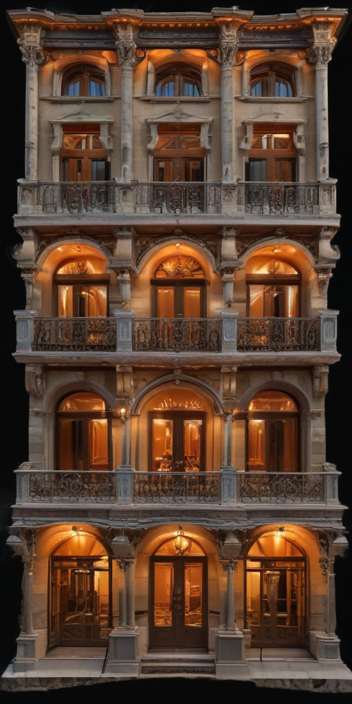 A Magnificent Historic Building with Elegant Balconies and Warm Lighting at Night