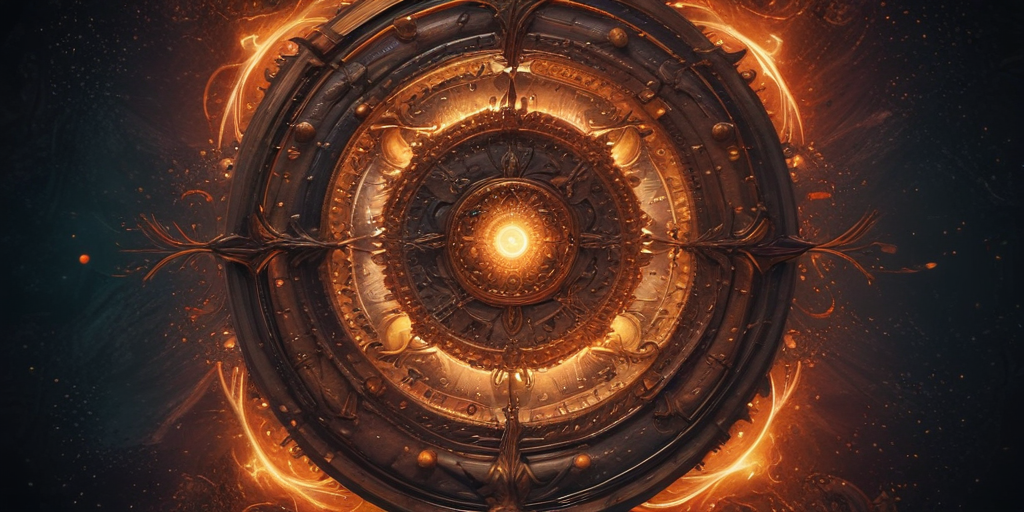 Intricate Design of a Fiery Celestial Shield Surrounded by Mystical Energy