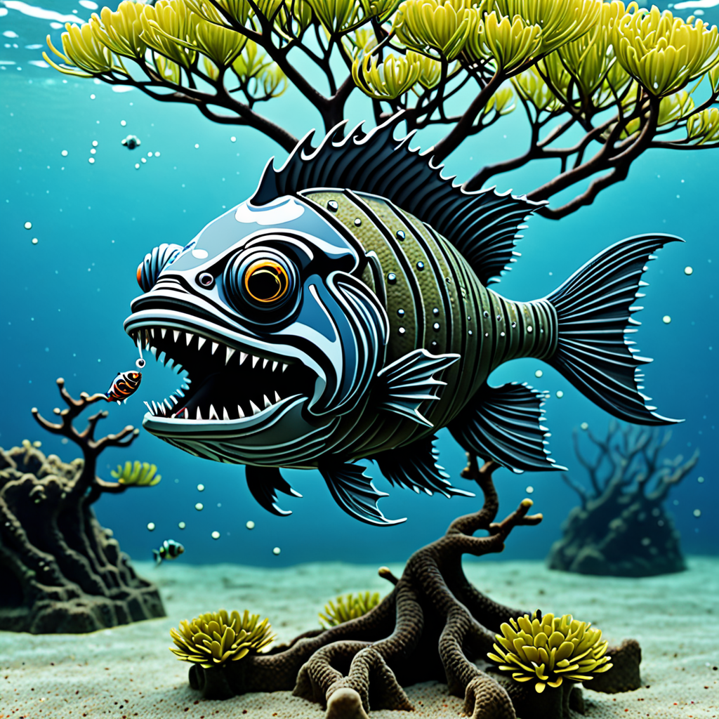Cartoon angler fish eating a bonsai tree in the depths of the sea