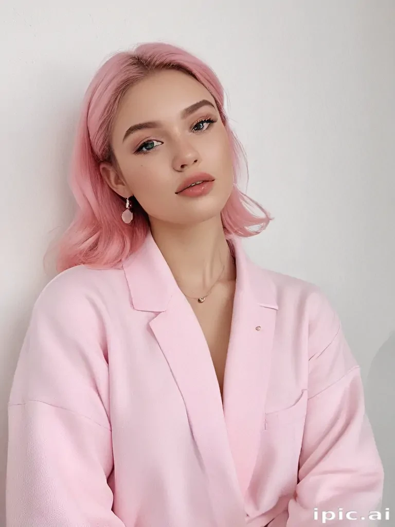 Young Woman with Pink Hair Wearing a Soft Pink Blazer, Looking Thoughtful