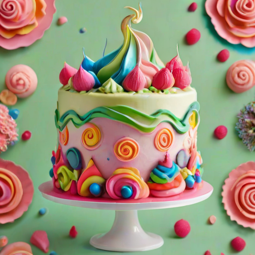 Colorful Whimsical Cake Decorated with Swirls, Flowers, and Vibrant Candies