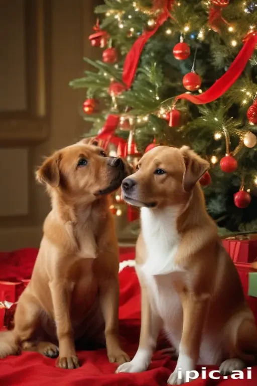 Two Adorable Dogs Sitting Together by a Beautiful Christmas Tree