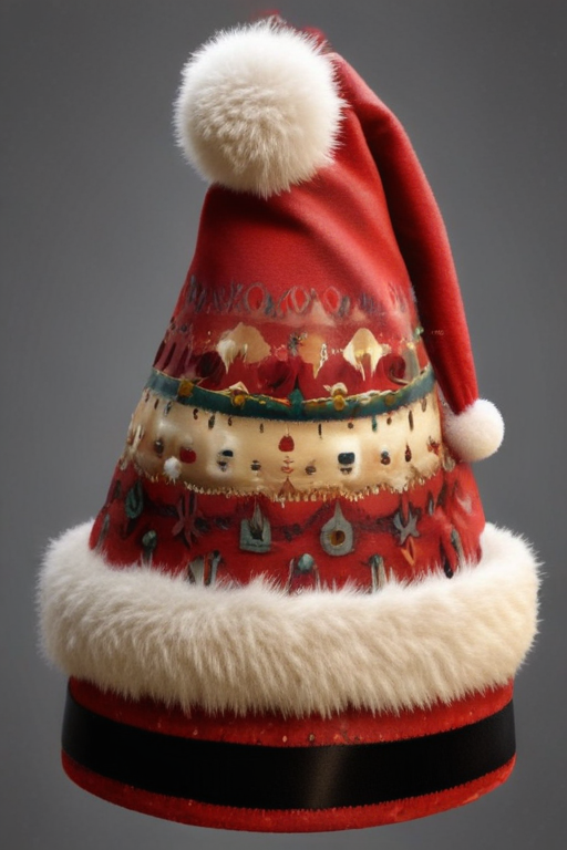 A Festively Decorated Santa Hat with Colorful Patterns and Fur Trim