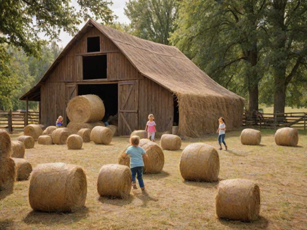 Children Playing Joyfully Among Hay Bales Near a Rustic Barn.
