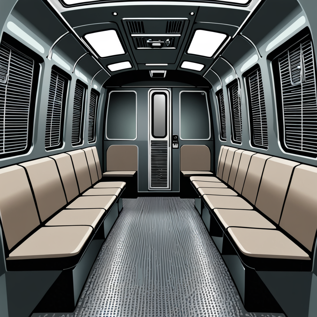 Interior of a prisoner transport van. No people. Flat colors.