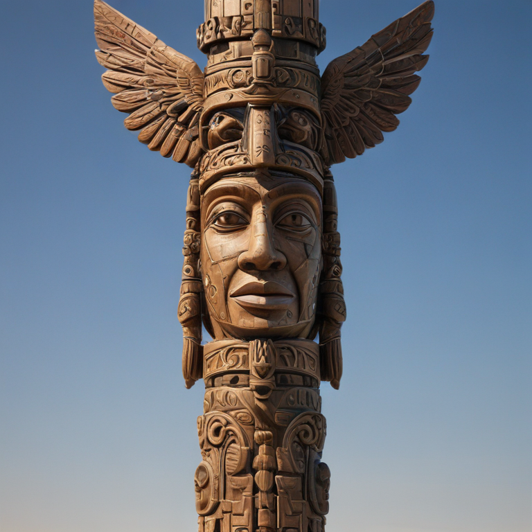 Intricate Carved Totem Pole Featuring Winged Figure and Tribal Designs