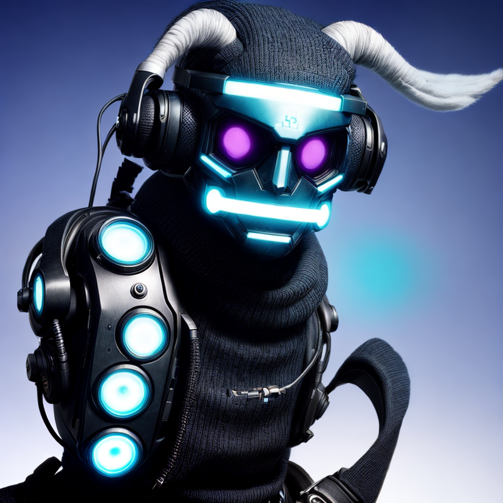 cyberpunk dj with goat mask/helmet, white cyan, profile pic