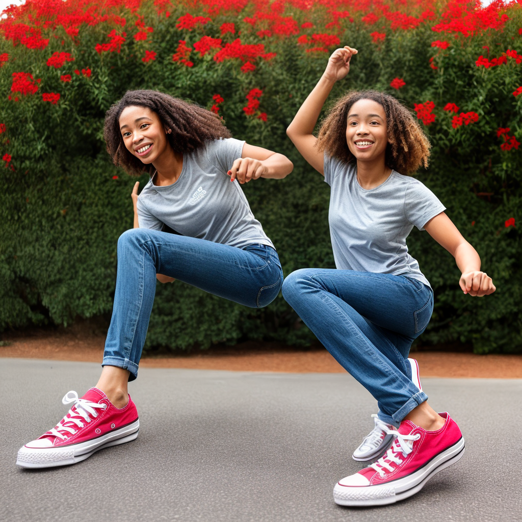 female dancing on red flowers with black and white converse shoes