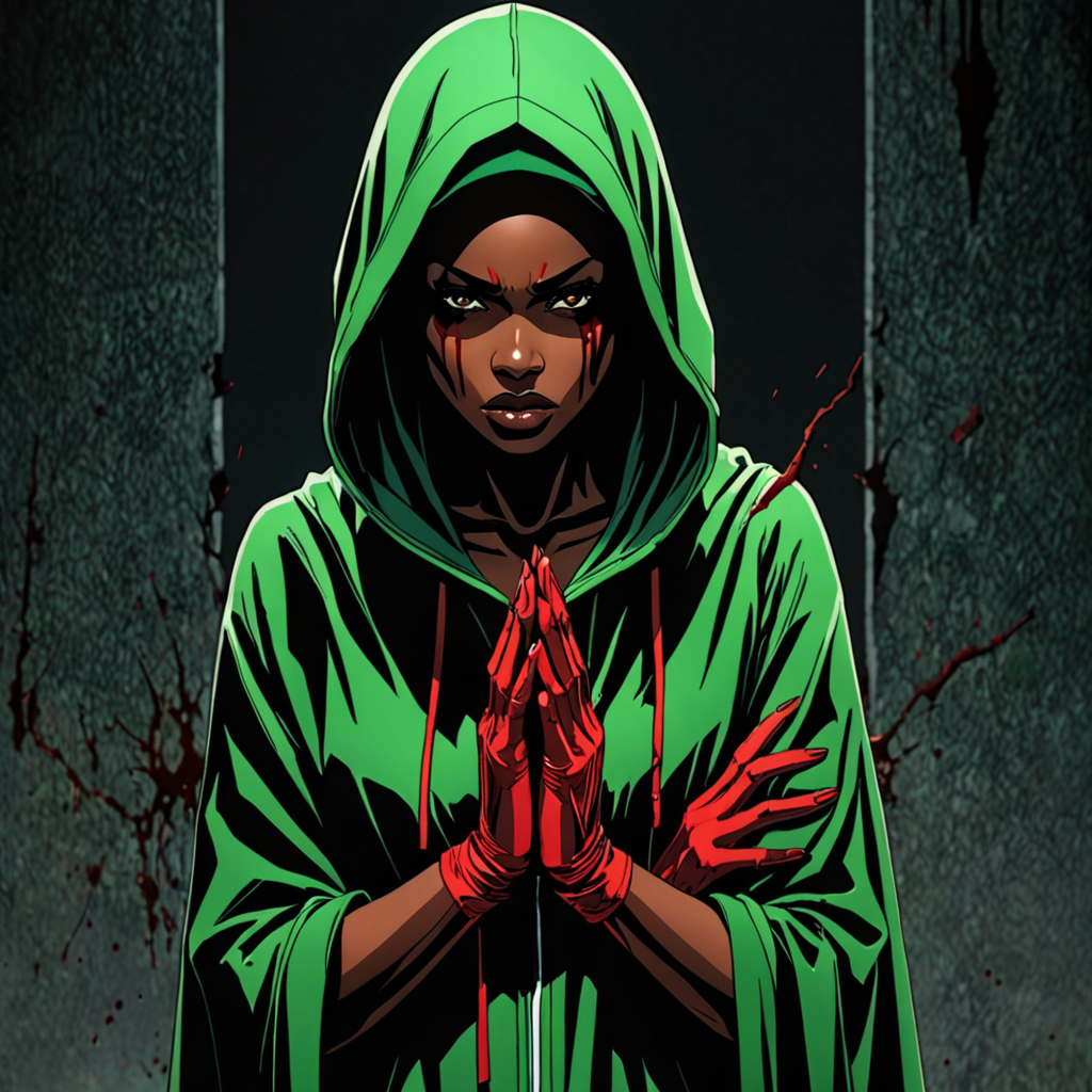 A lone dark-skinned woman with a green rogue hood outfit coming out ...