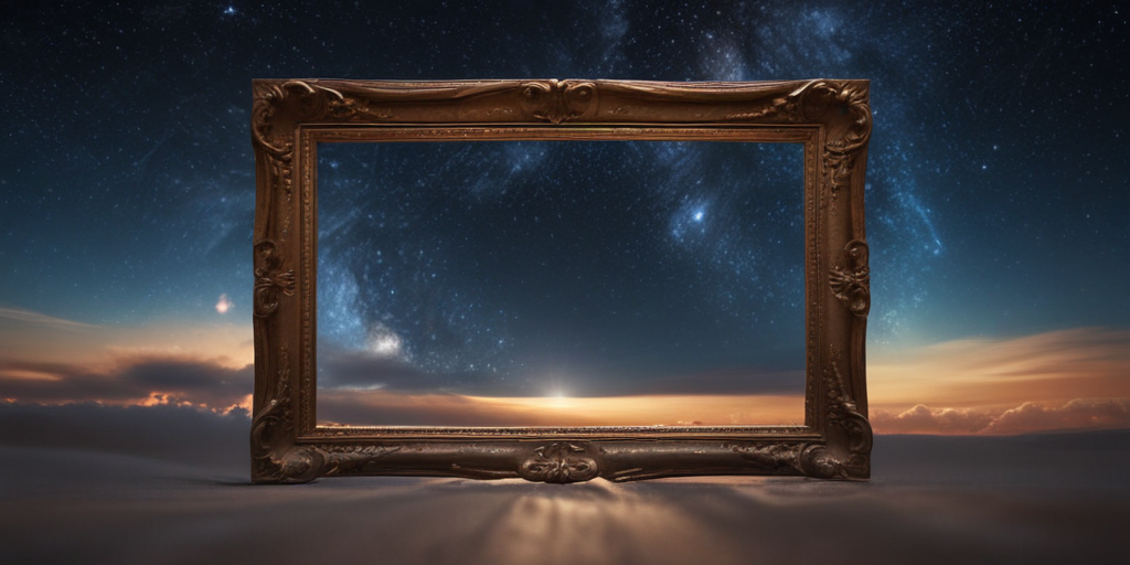 An Ornate Picture Frame Against a Stunning Cosmic Sunset Landscape