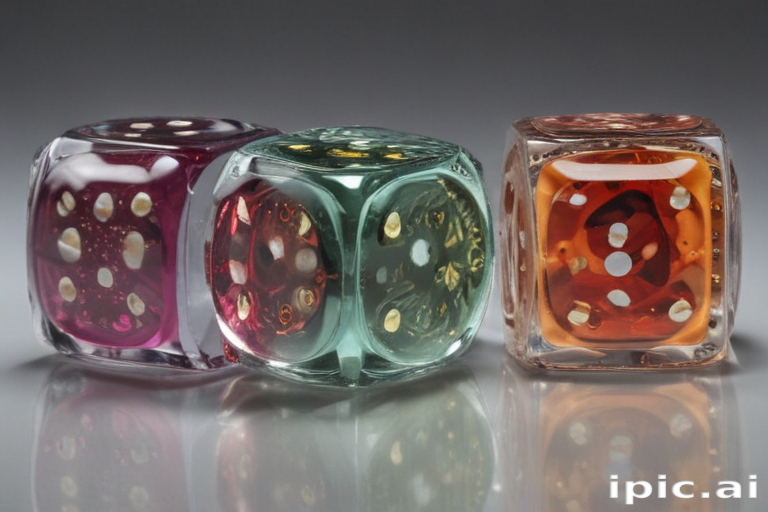 Colorful and Artistic Glass Dice Displayed on a Reflective Surface
