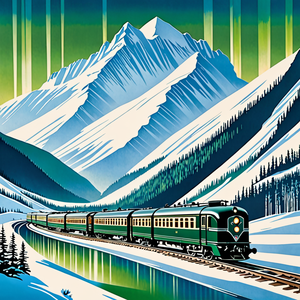art deco streamline railway corporation poster train with mountains and ...