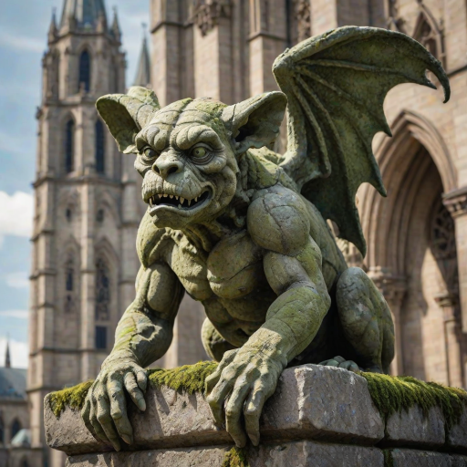 Intricate Stone Gargoyle Perched on Cathedral, Overlooking an Ancient ...