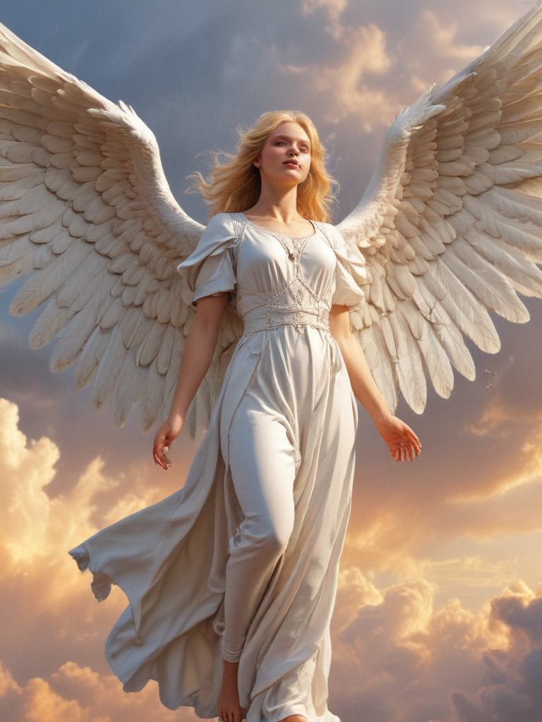 Radiant Angel Descending from the Heavens Amidst Golden Clouds