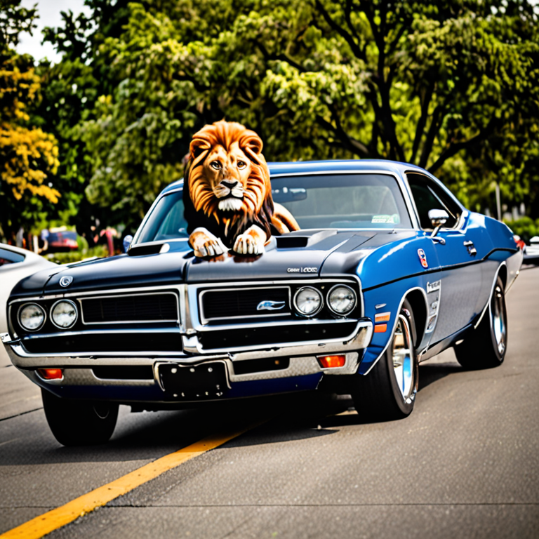 Lion in Detroit Lions uniform driving a muscle car