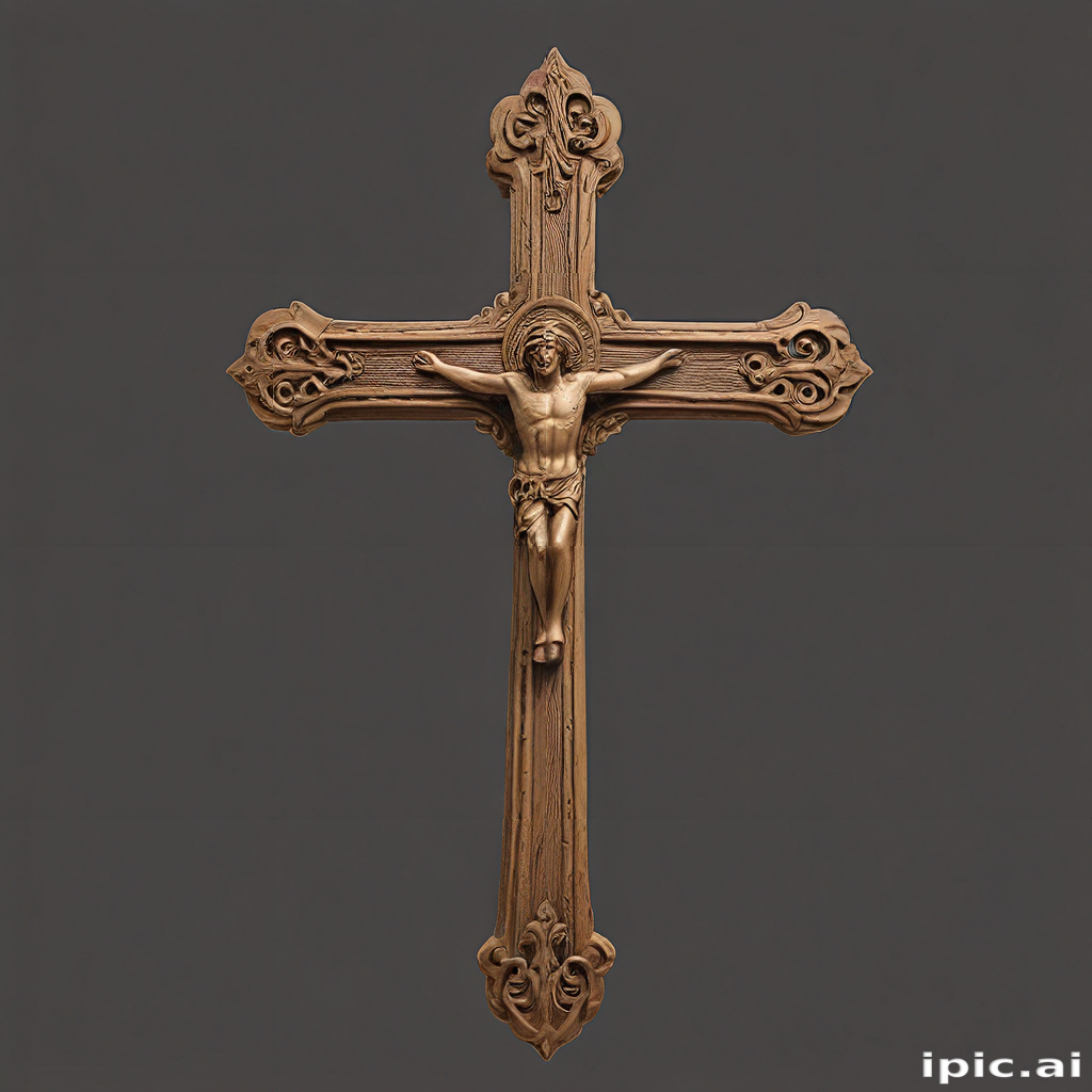 Elegant Wooden Cross with Intricate Carvings and a Central Christ Figure
