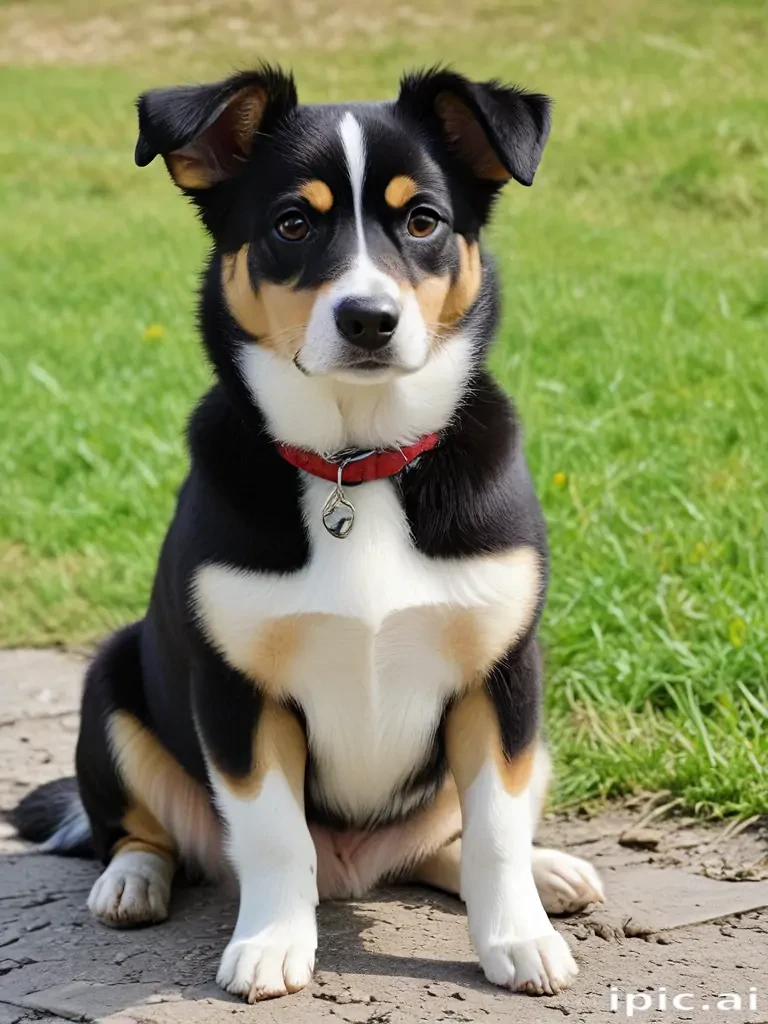 A Playful and Adorable Dog Sitting on Green Grass Outdoors.
