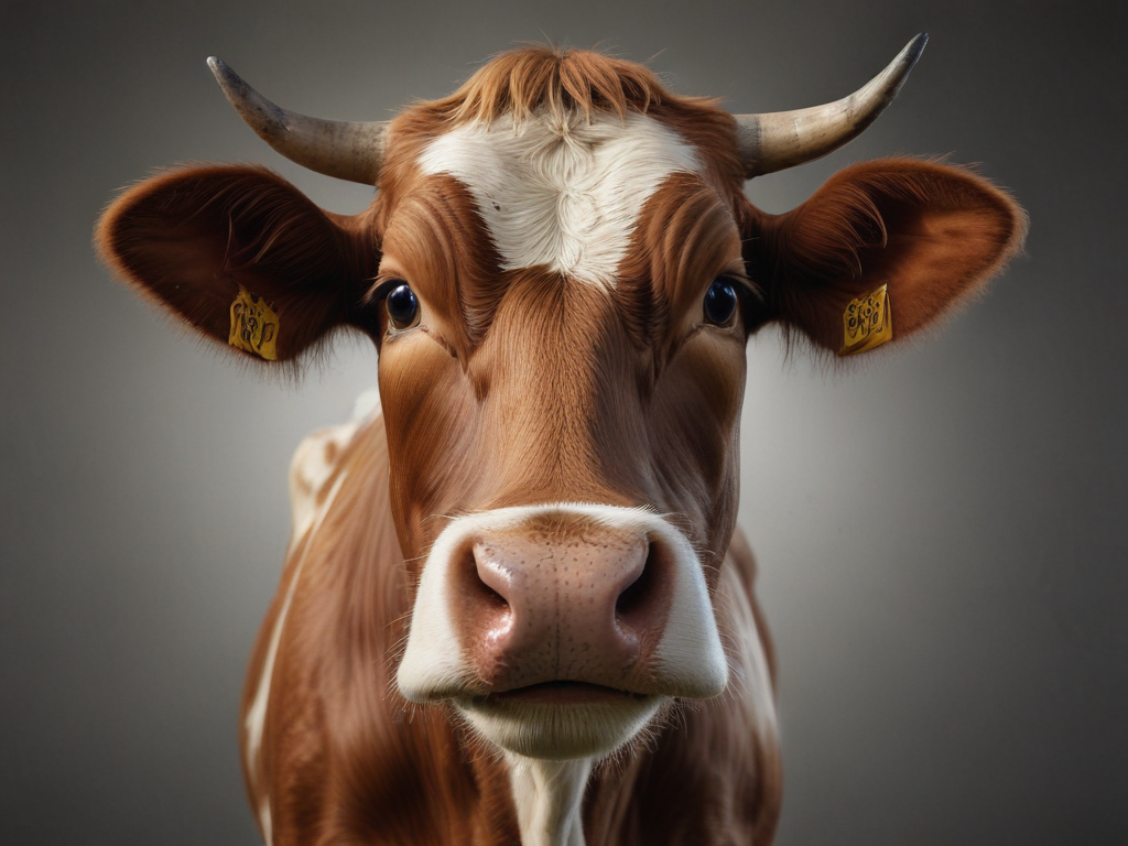 A Close-Up Portrait of a Curious Brown Cow with Distinctive Features.