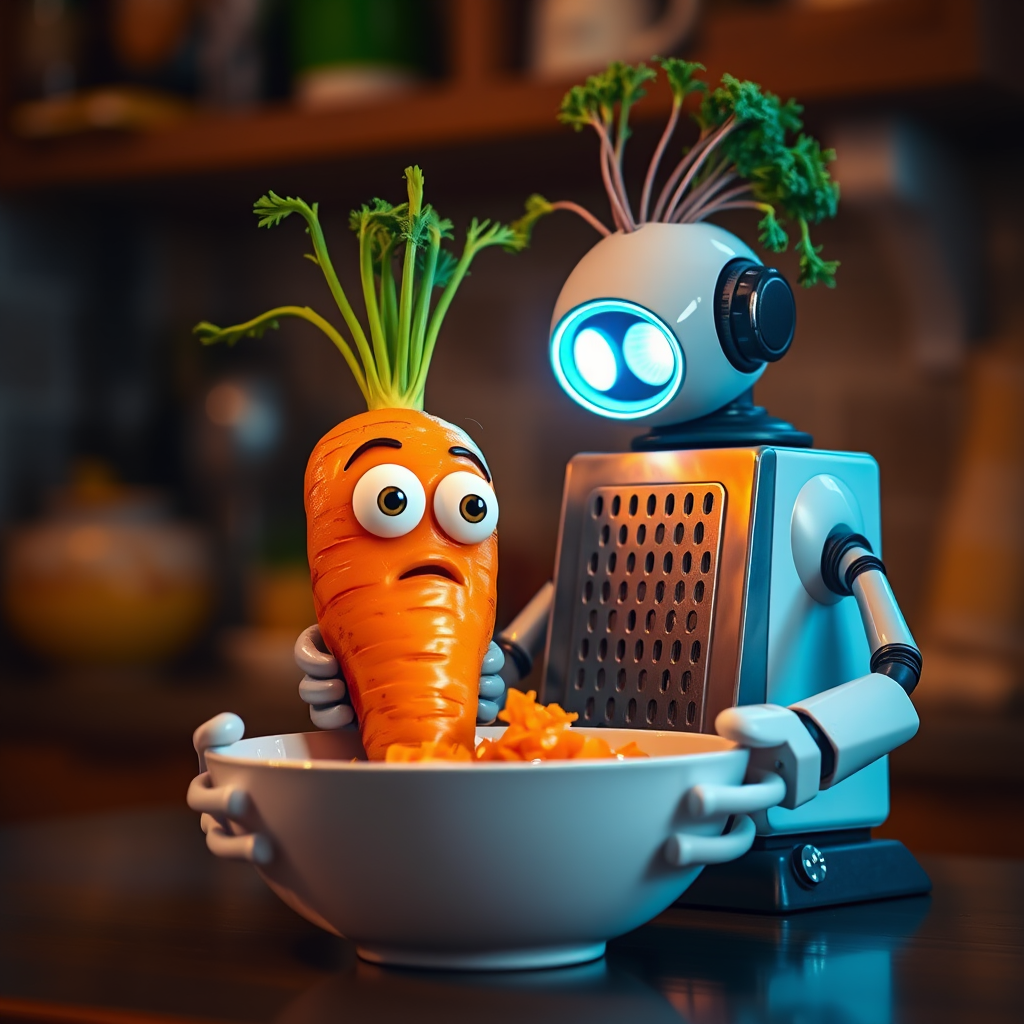 Robot Chef Surprised by Talking Carrot in a Colorful Kitchen Scene