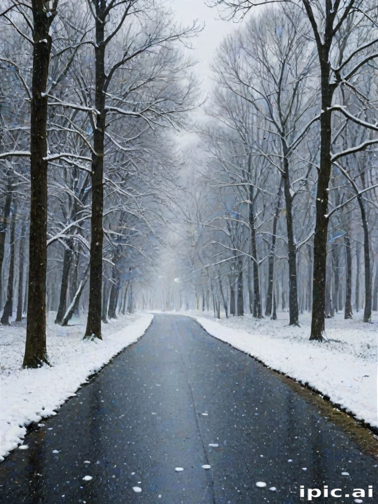 A Peaceful Winter Scene Featuring a Snow-Covered Road Surrounded by Trees