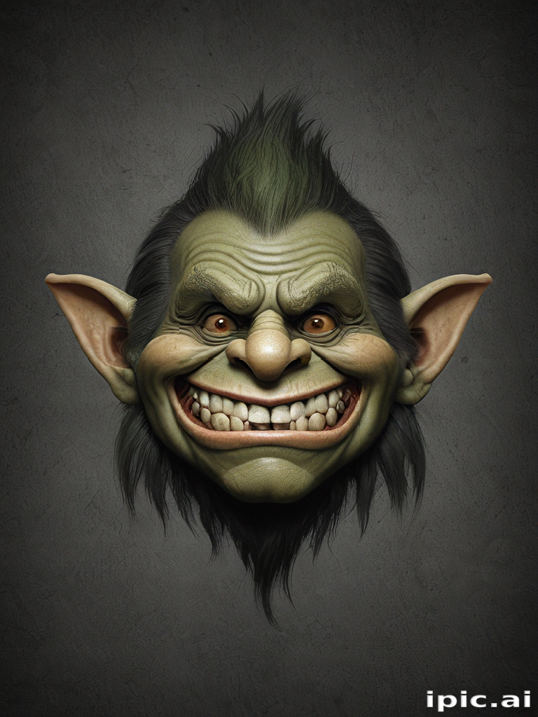 Grinning Goblin Face with Pointed Ears and Spiky Hair Texture