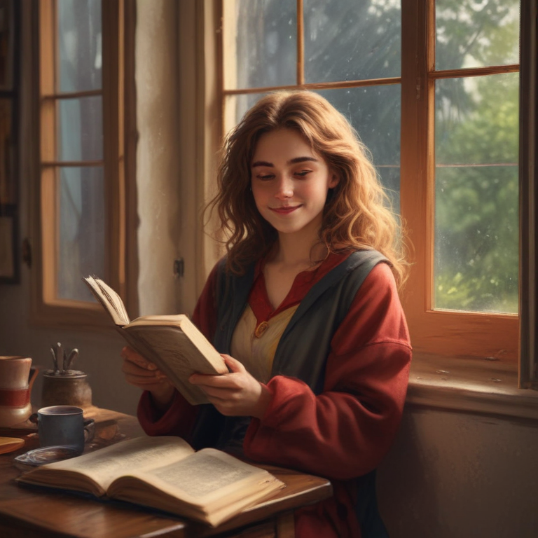 Hermione lounging and reading in her Gryffindor dorm, reading books ...