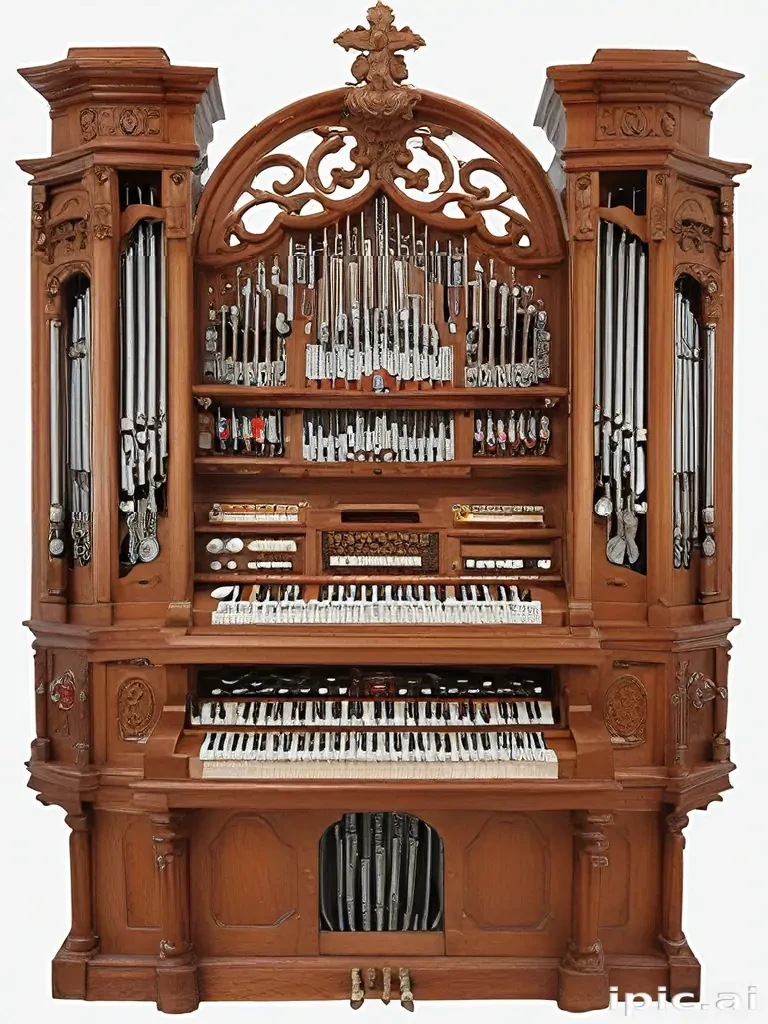 Intricately Designed Vintage Pipe Organ with Decorative Carvings and Keys